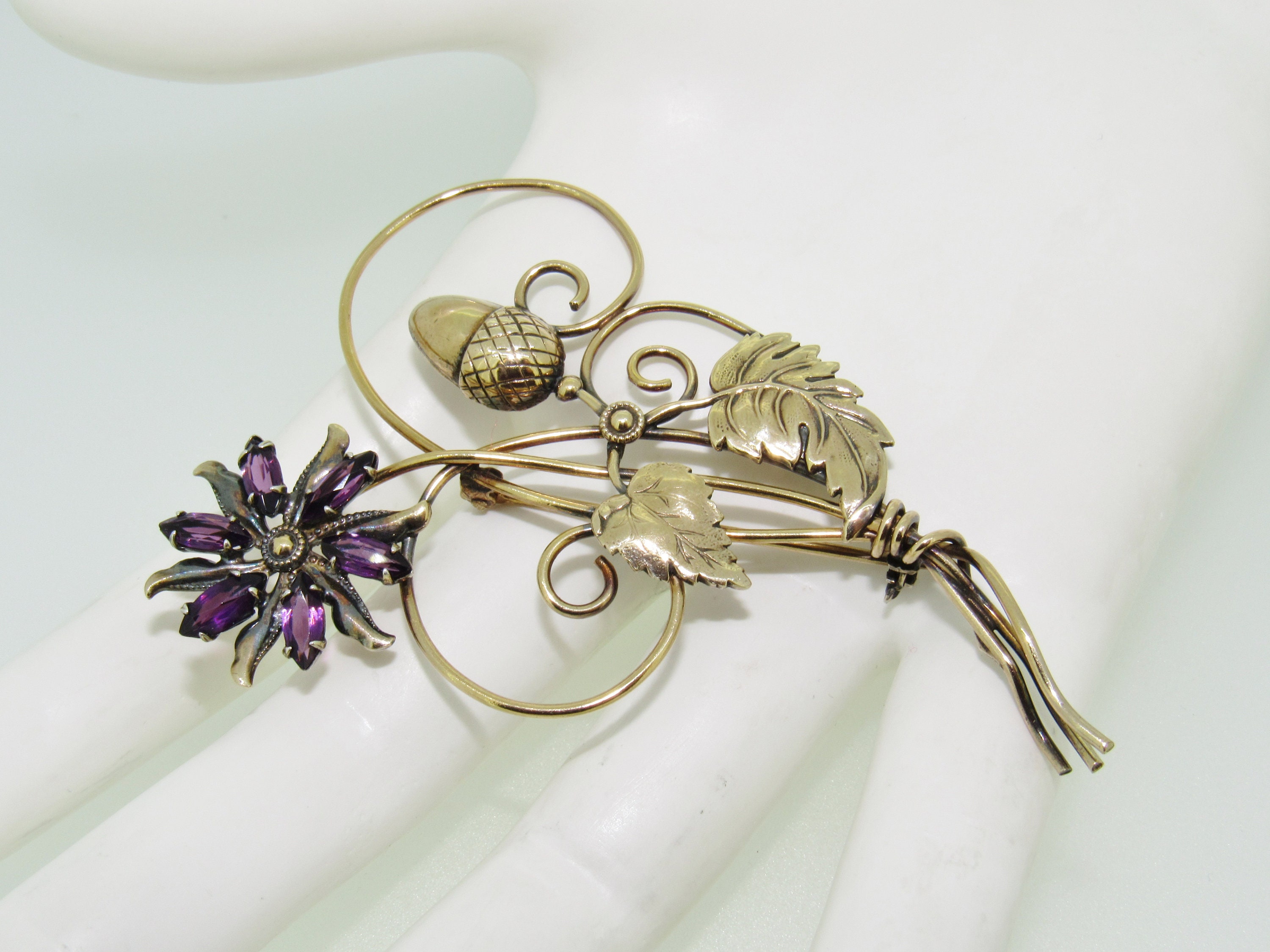 Vintage 12K Gold Amethyst Floral & Acorn Brooch Pin - Etsy
