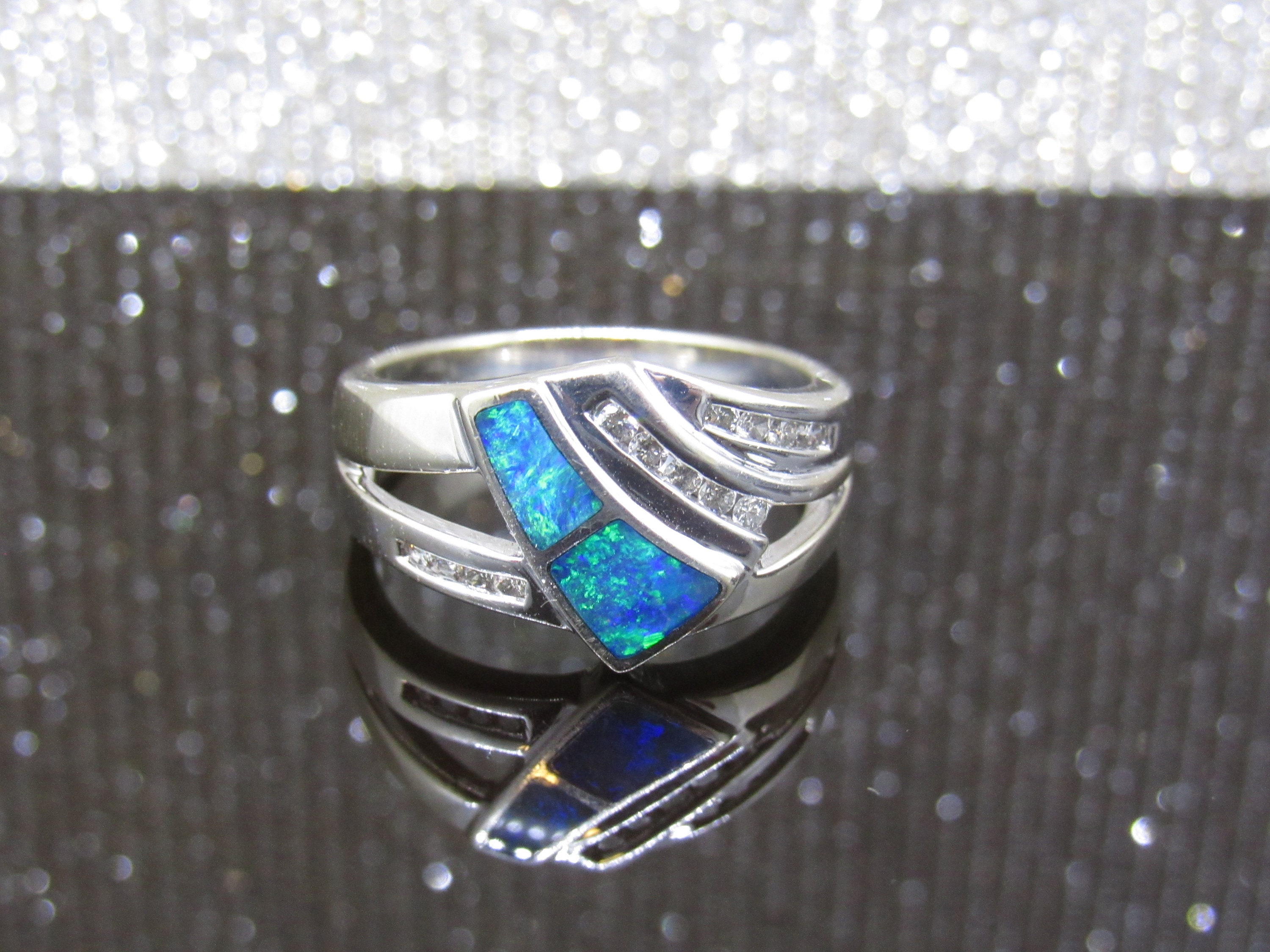 Ladies Australian Opal Inlay 14K White Gold & Diamond Ring ASH - Etsy
