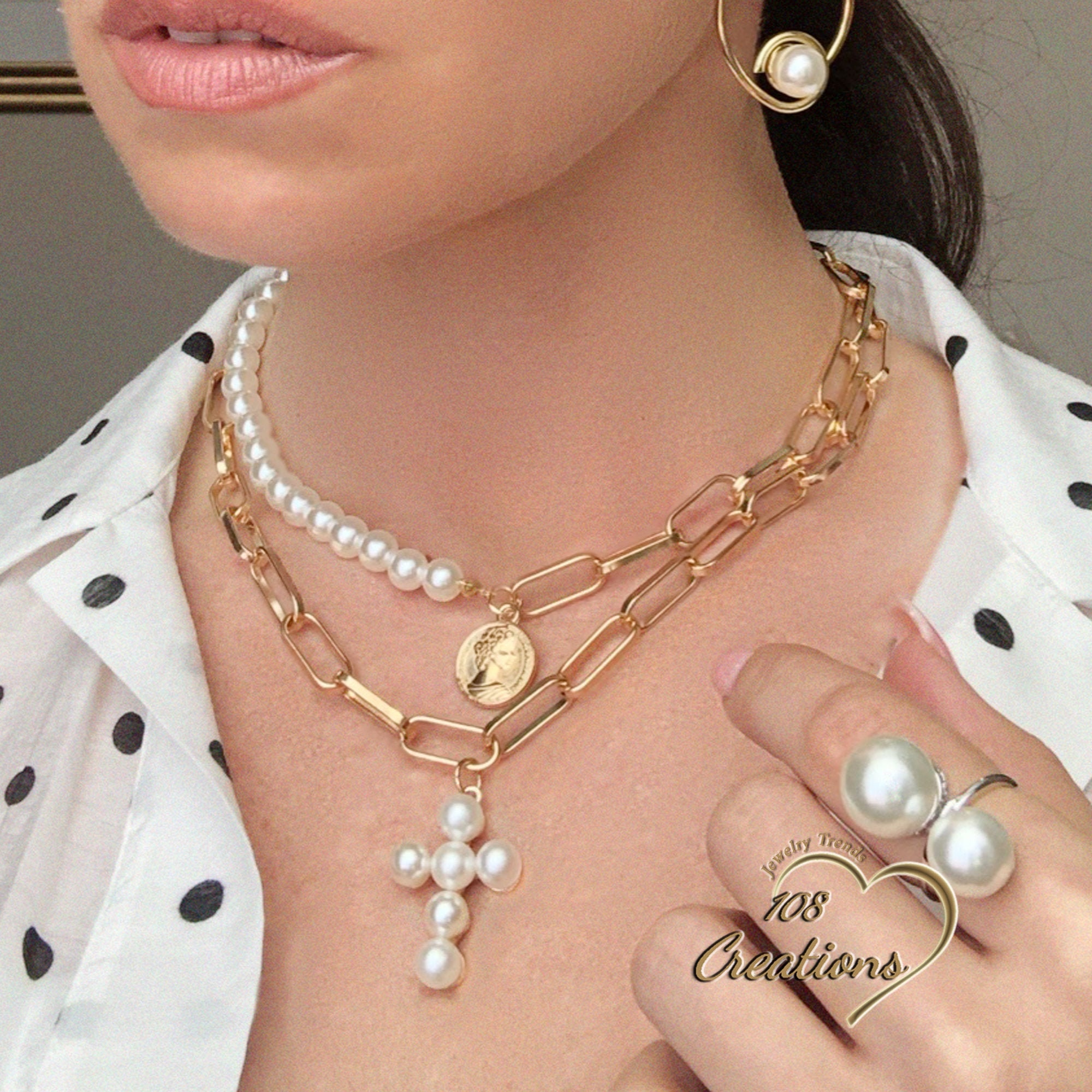 Paperclip Necklace Set With Pearl Cross and Coin - Etsy Canada