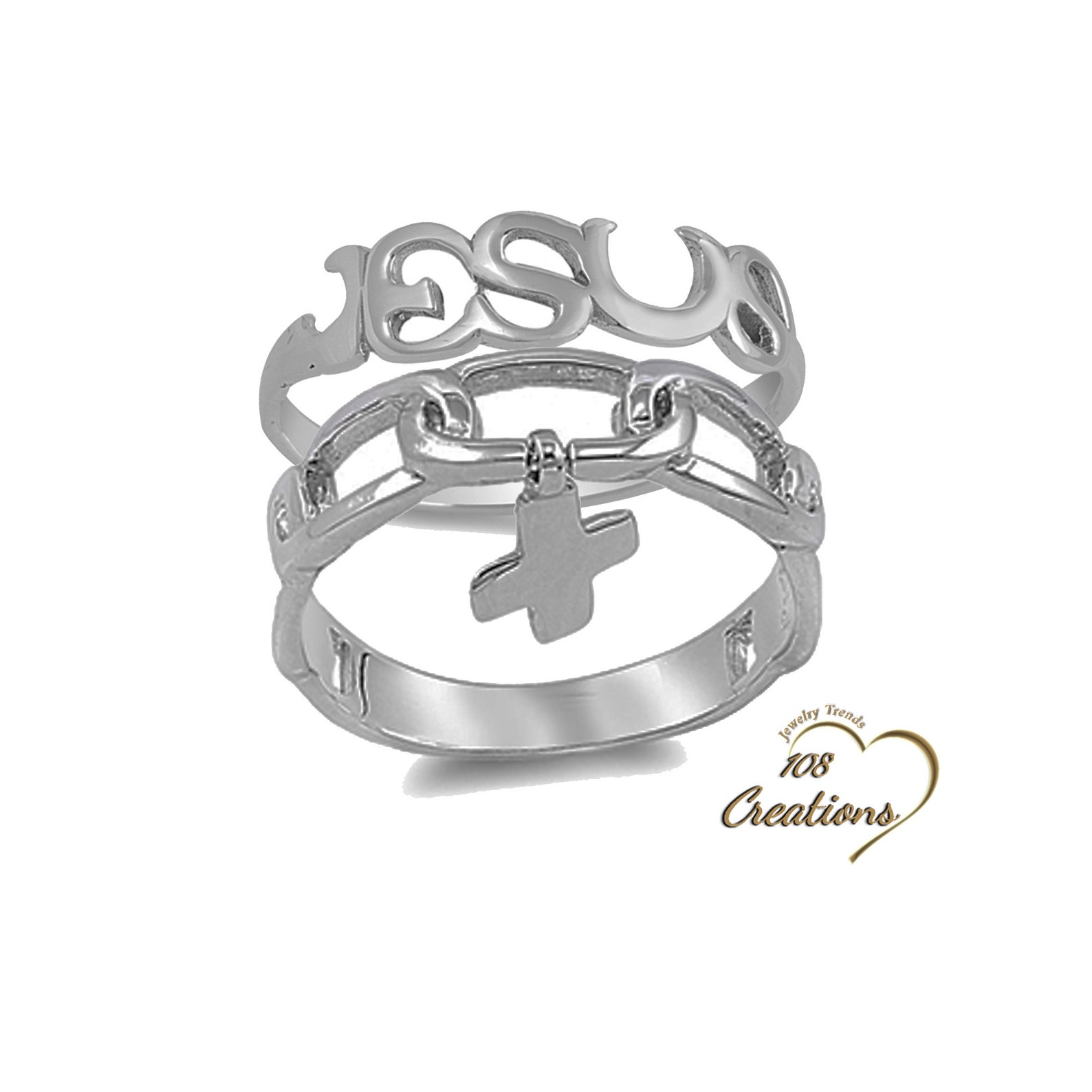 Sterling Silver Religious Ring Set: Cutout Jesus Name & Chain Link Band ...
