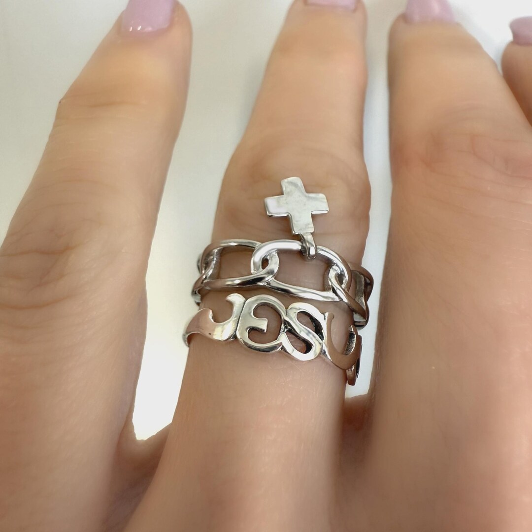 Sterling Silver Religious Ring Set: Cutout Jesus Name & Chain Link Band ...