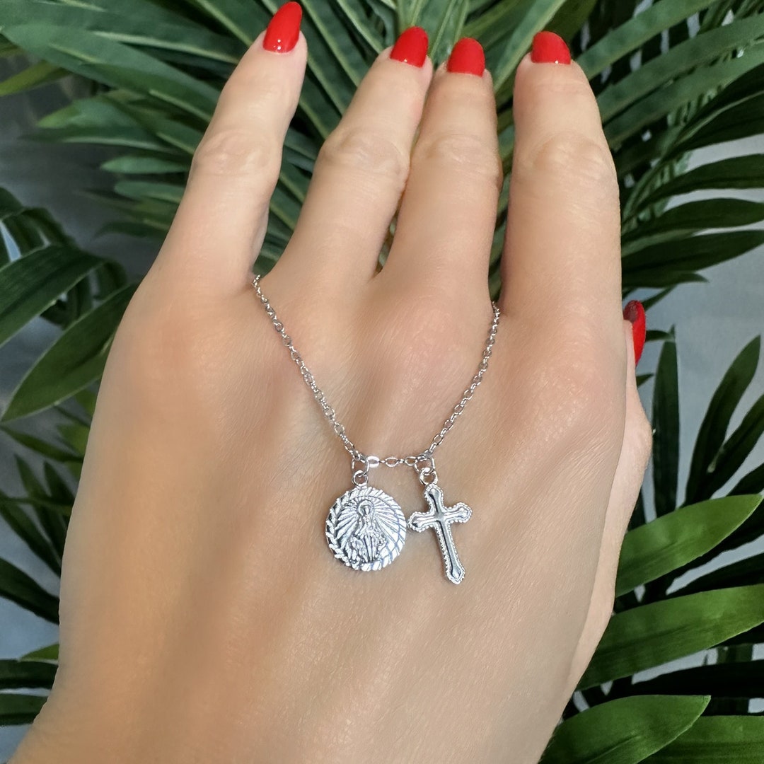 Virgin Mary and Cross Sterling Silver Necklace Disc Charm Religious ...