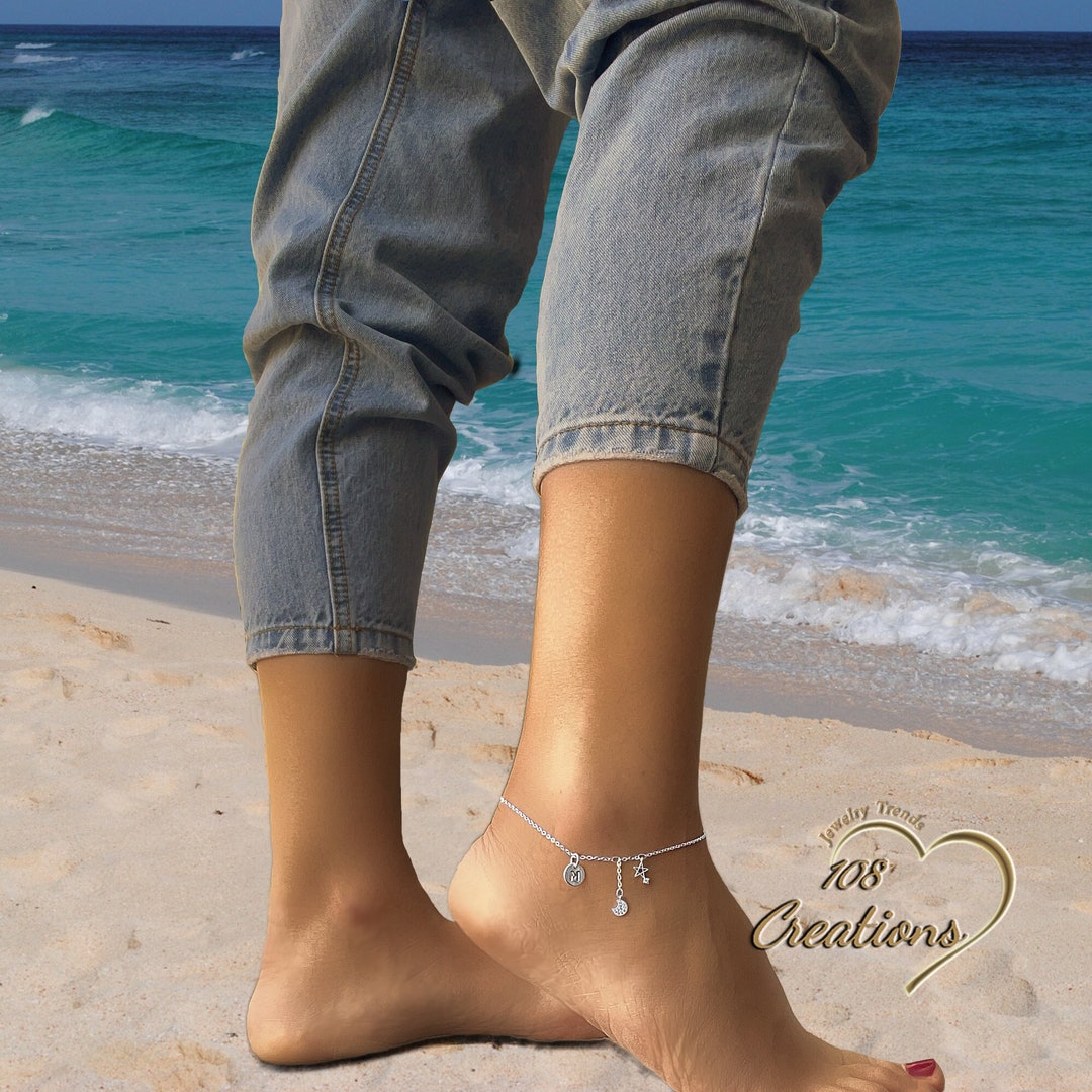 Pave Moon and Star Anklet Initial Letter Round Disc Charm Celestial ...
