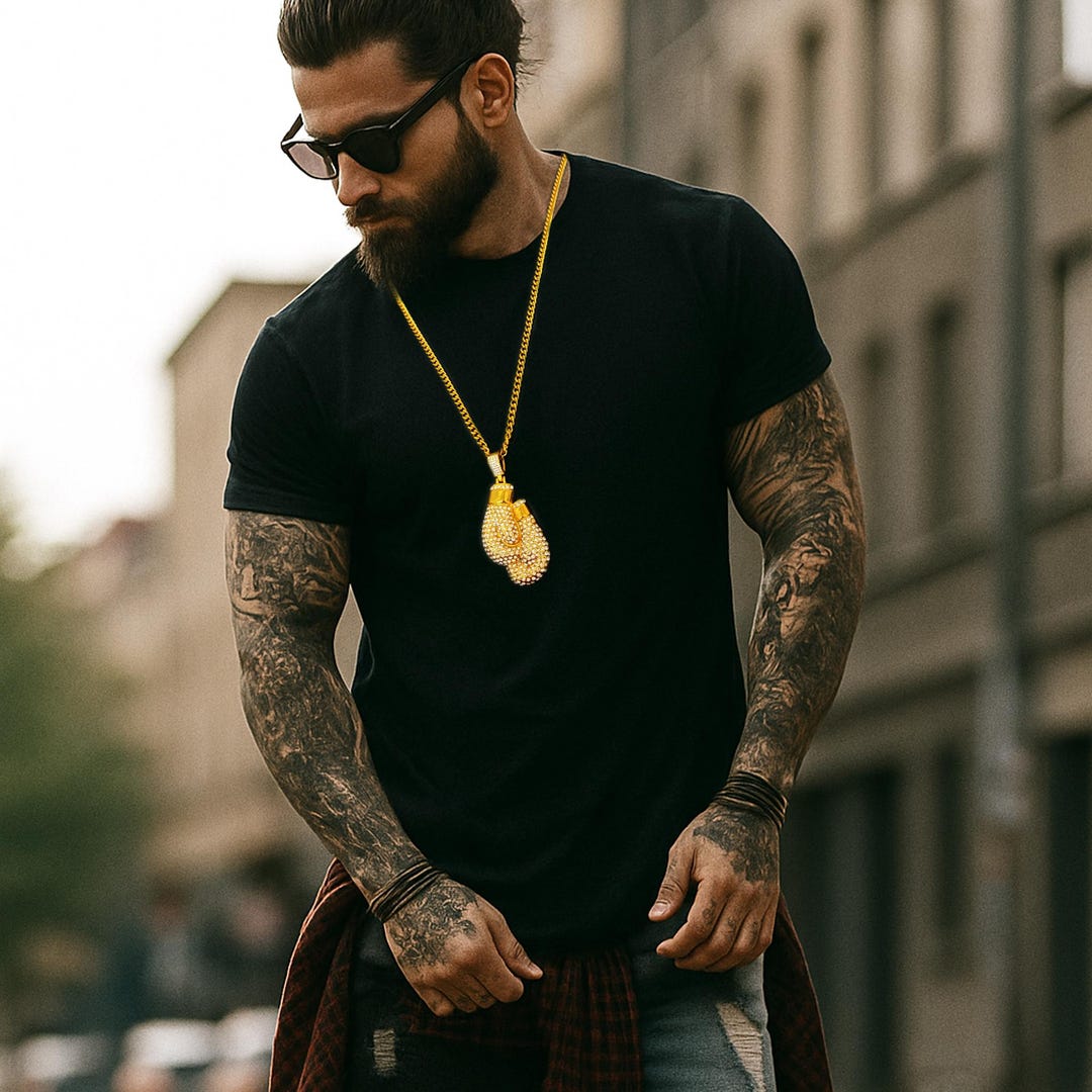 Iced Out Boxing Gloves CZ Pendant Necklace: 18K Gold Pated Stainless ...