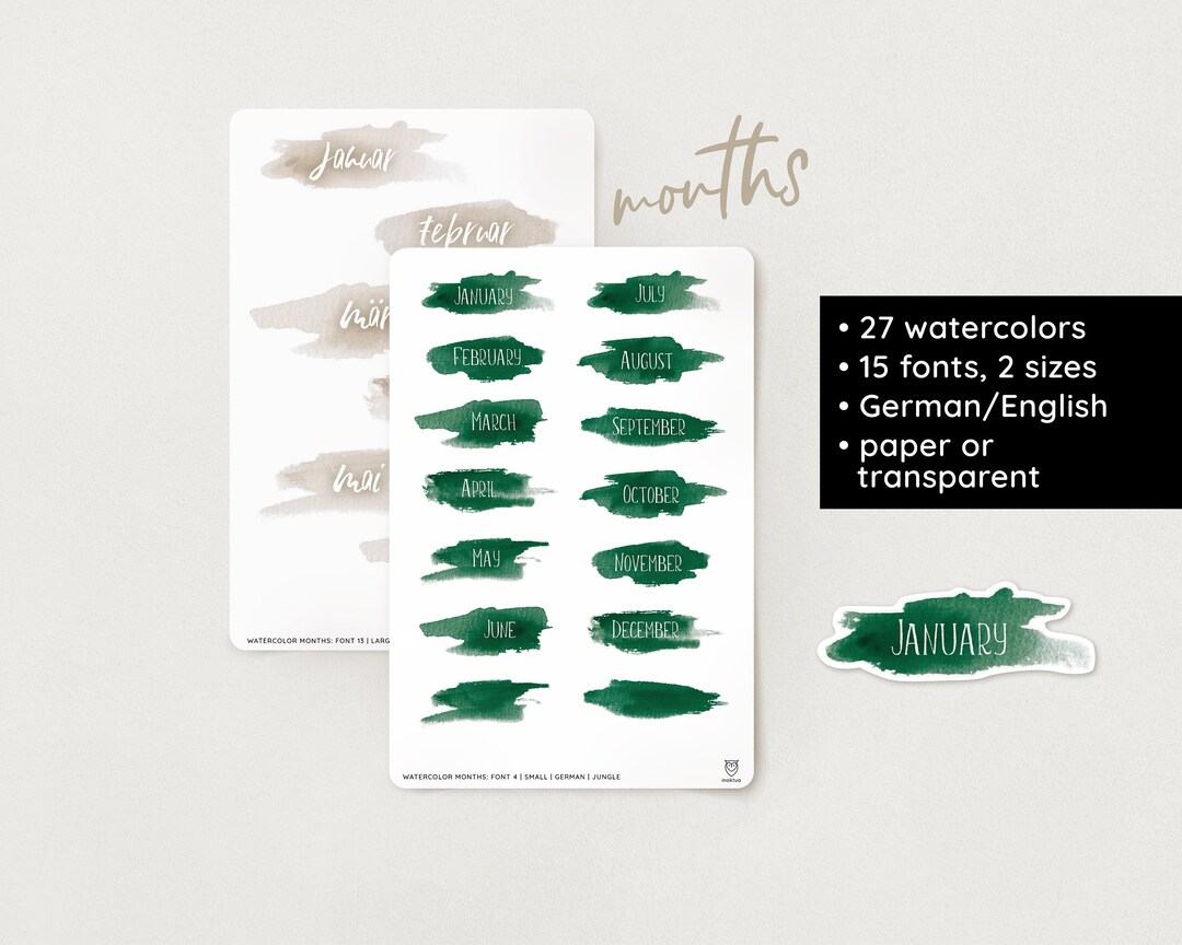 Watercolor Months Stickers | 15 Fonts | 27 Colors | 2 Sizes | English ...