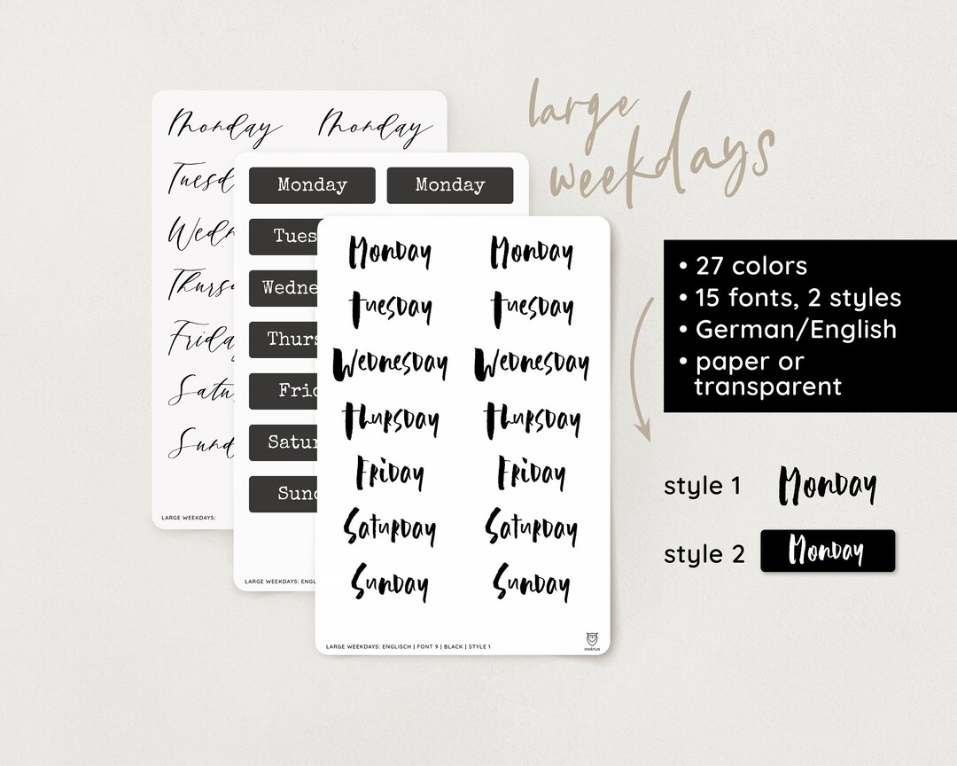 Large Weekdays Stickers | 27 Colors | 15 Fonts | 3 Sizes | 2 Styles ...