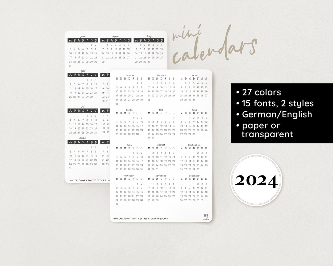Mini Calendar Sticker 2024 15 Fonts 27 Colors 2 Styles Paper ...