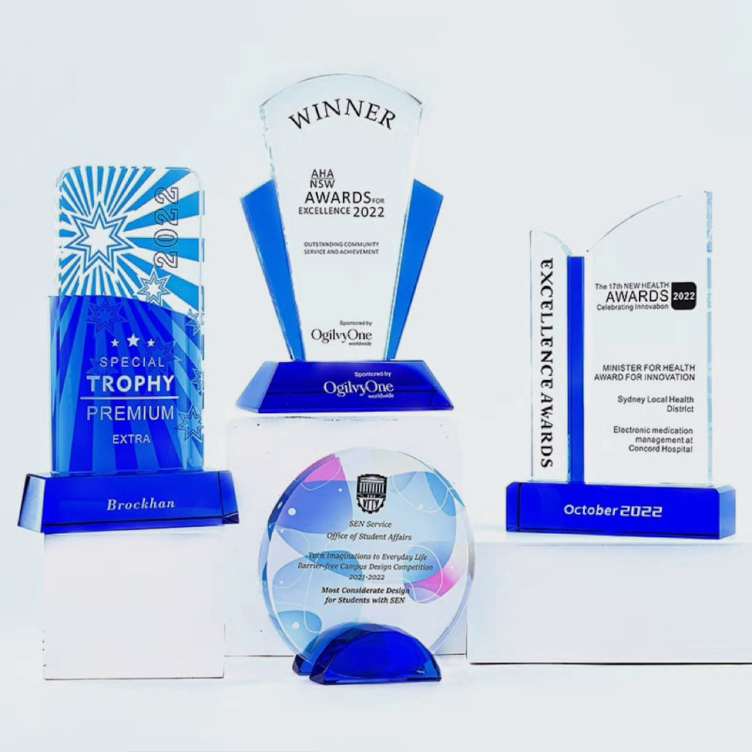 Custom Engraved Crystal Glass Trophy, Blue Bespoke Award, Corporate ...