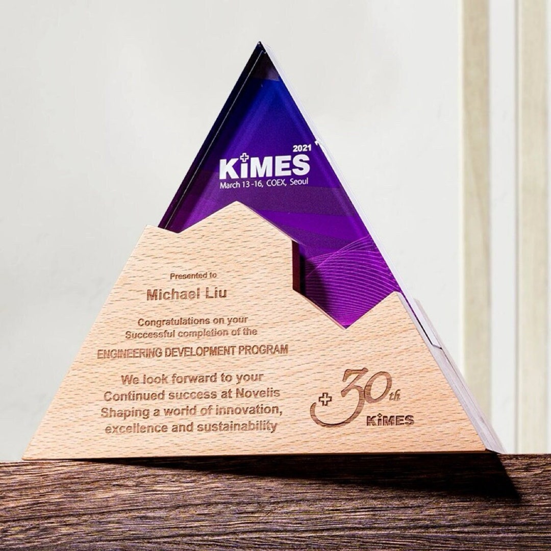 Triangle Shaped Custom Engraved Crystal Wood Trophy, Bespoke Award ...