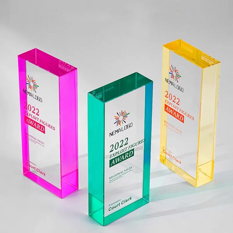 Rectangle Colorful Trophy Award, Engraved Crystal and Wood Trophy ...