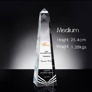 Custom Engraved Crystal Glass Trophy, Tower Shape Bespoke Award ...