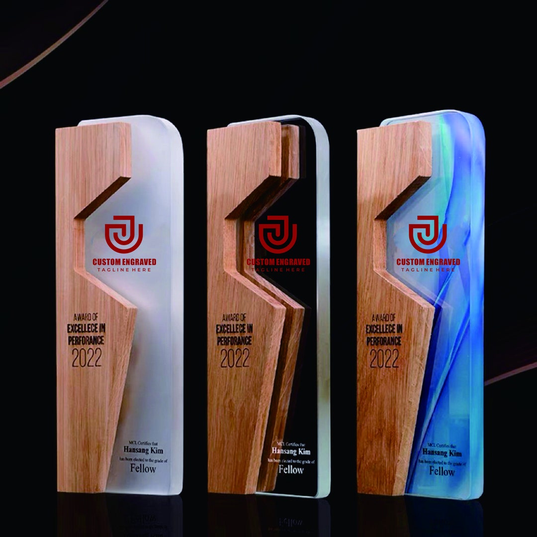 Personalized Trophy Award, Engraved Crystal and Wood Trophy, Corporate ...