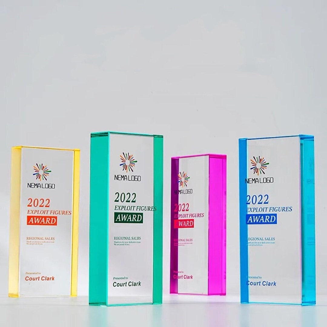 Rectangle Colorful Trophy Award, Engraved Crystal and Wood Trophy ...