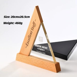 Triangle Shaped Custom Engraved Crystal Wood Trophy, Bespoke Award ...