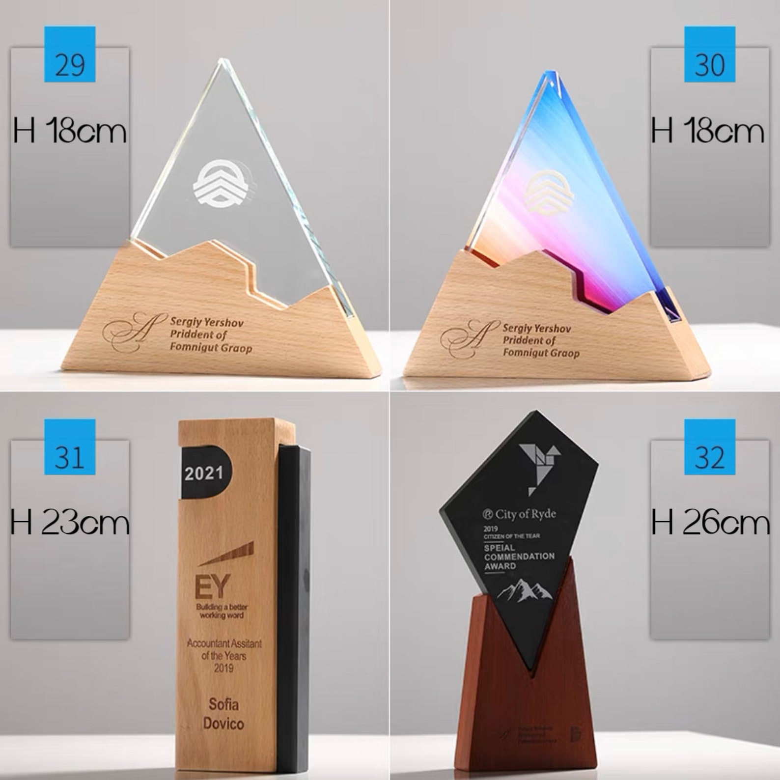 Personalized Trophy Award, Engraved Crystal and Wood Trophy, Corporate ...