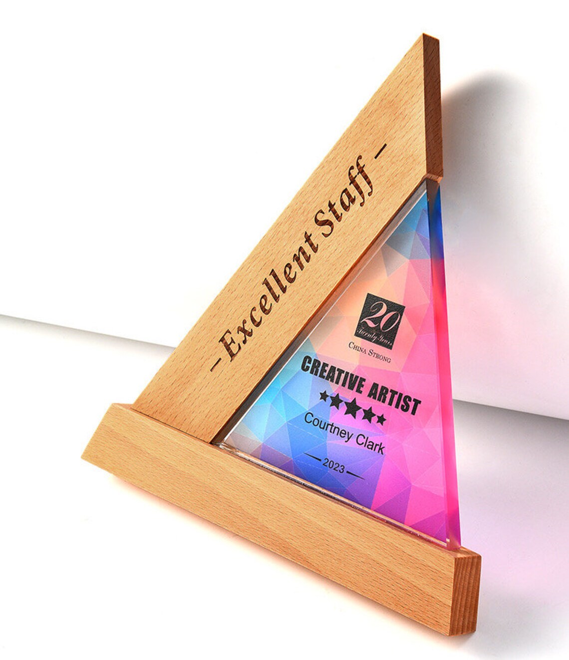 Triangle Shaped Custom Engraved Crystal Wood Trophy, Bespoke Award ...