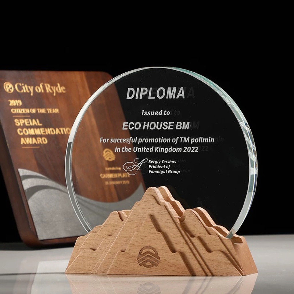 Personalized Trophy Award, Engraved Crystal and Wood Trophy, Corporate ...