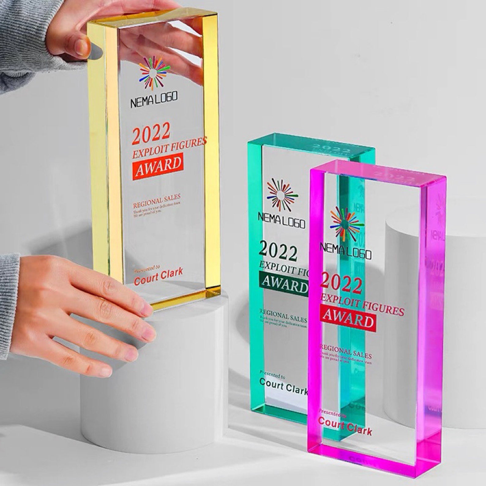 Rectangle Colorful Trophy Award, Engraved Crystal and Wood Trophy ...