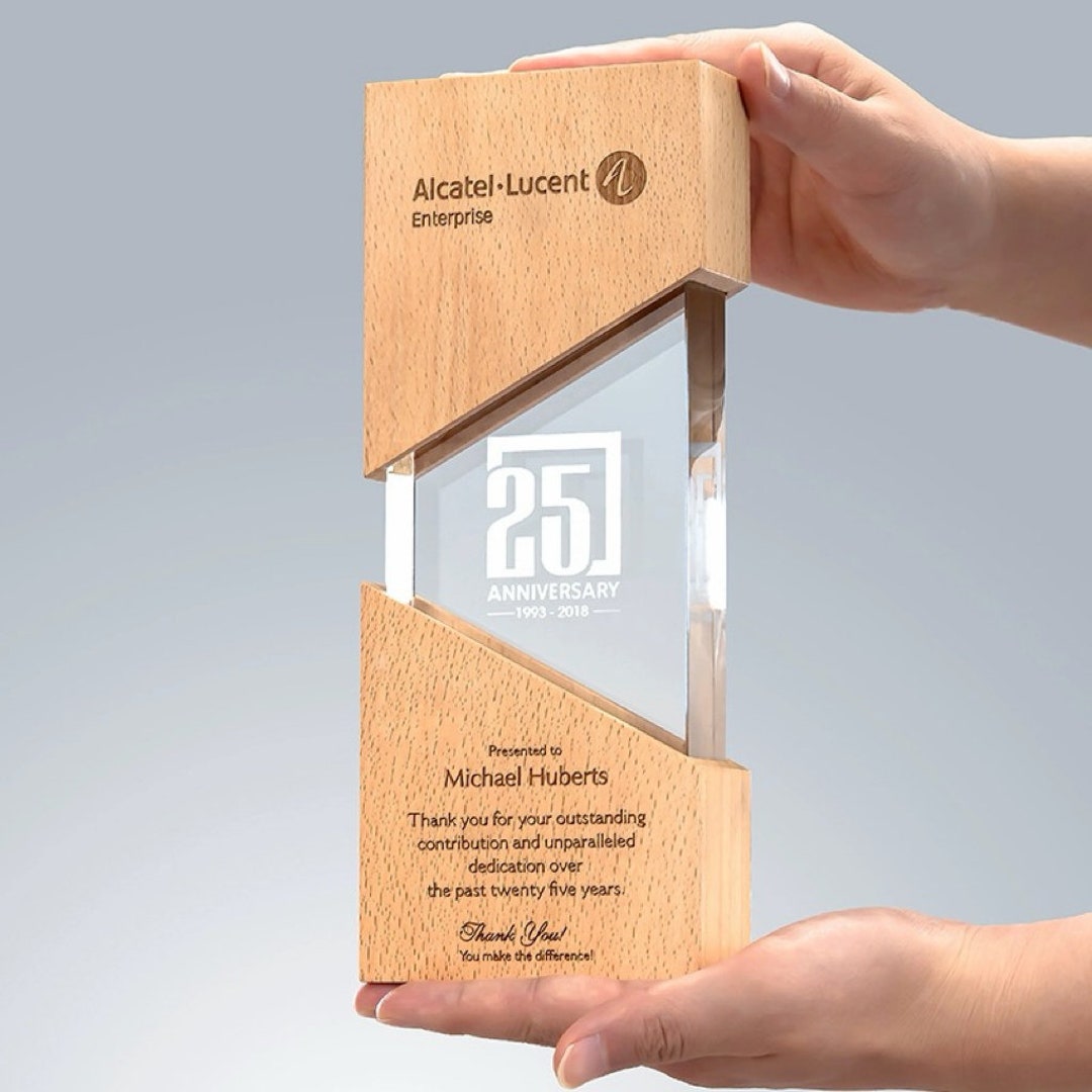 Personalized Trophy Award, Engraved Crystal and Wood Trophy, Corporate ...