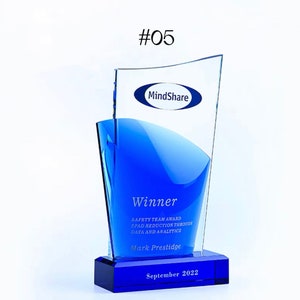 Custom Engraved Crystal Glass Trophy, Blue Bespoke Award, Corporate ...