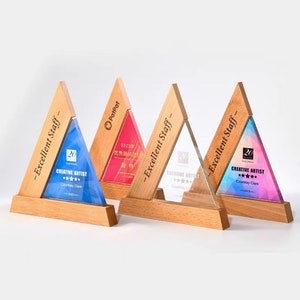 Triangle Shaped Custom Engraved Crystal Wood Trophy, Bespoke Award ...