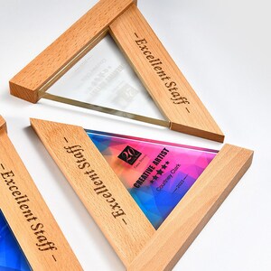 Triangle Shaped Custom Engraved Crystal Wood Trophy, Bespoke Award ...