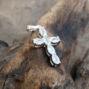 Rainbow Moonstone Cross Pendant, 925 Sterling Silver, Natural Stone ...