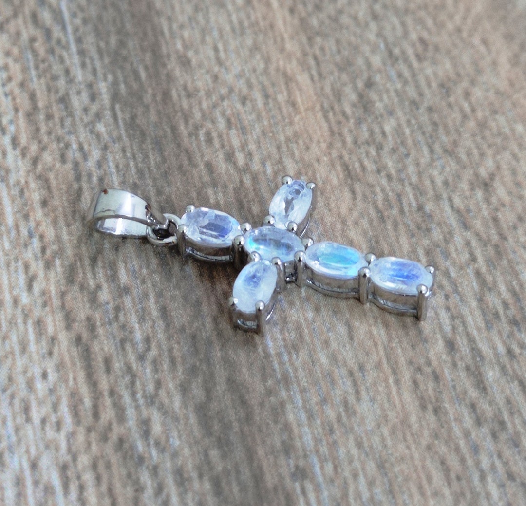 Rainbow Moonstone Cross Pendant, 925 Sterling Silver, Natural Stone ...