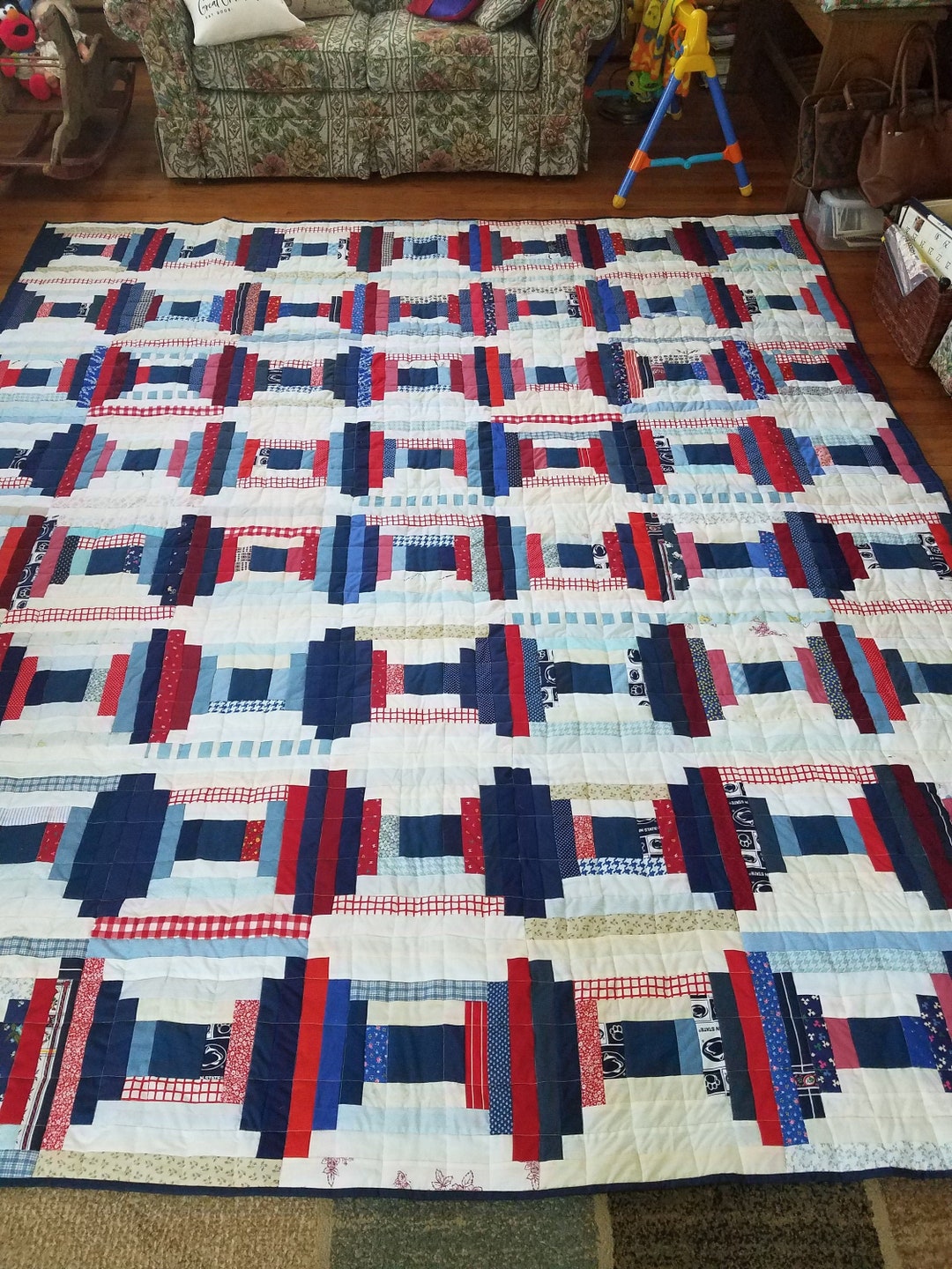 King/queen Red White & Blue Log Cabin Handmade Quilt - Etsy