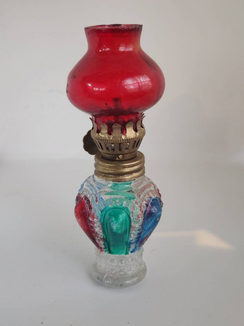 Vintage 1950s MCM Ruby Red Chimney Miniature Multi-colored Base Oil ...