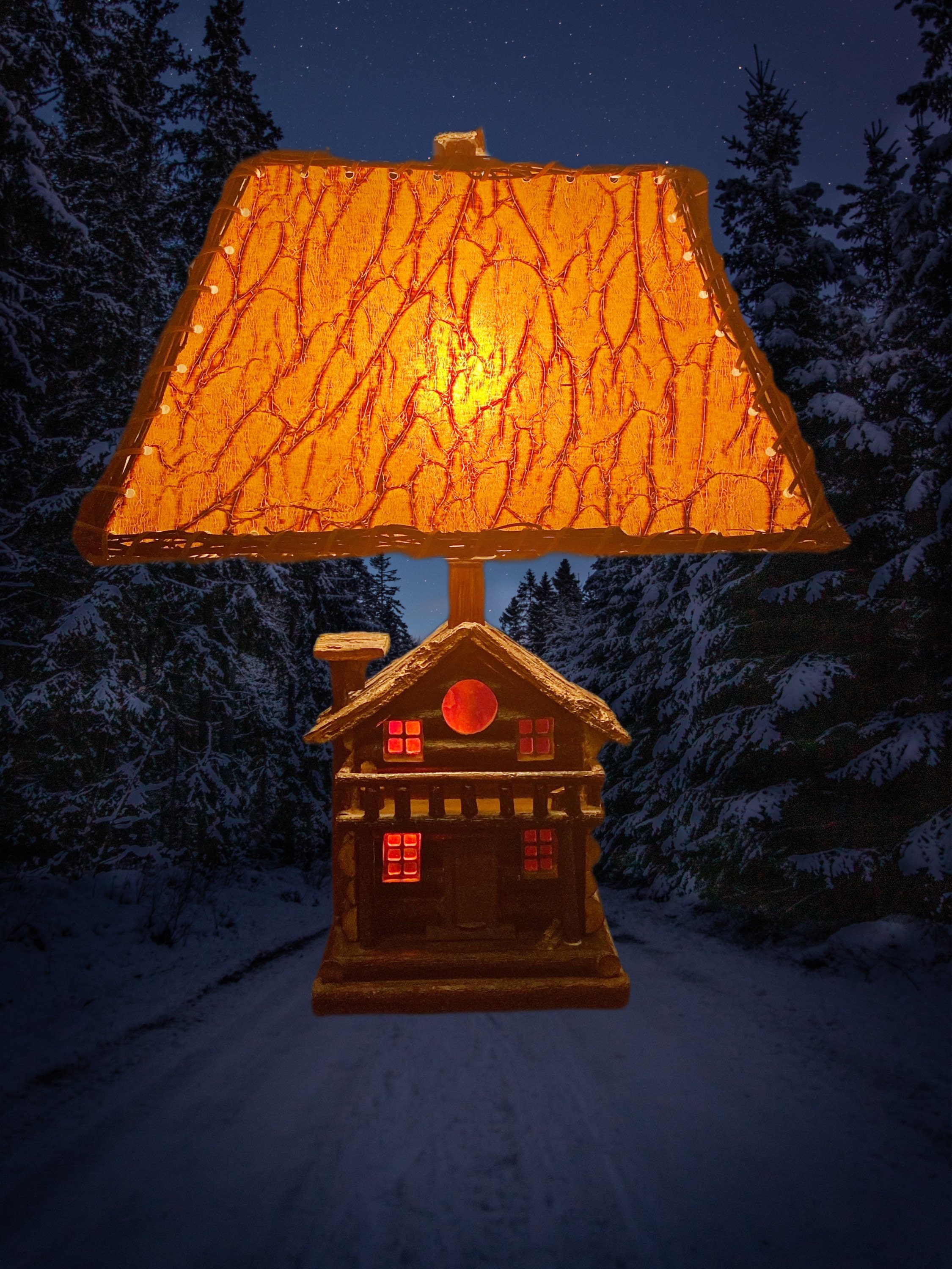 Resin Light up Two Story Log Cabin Lamp W/ Unique Tree Like Shade Mini ...