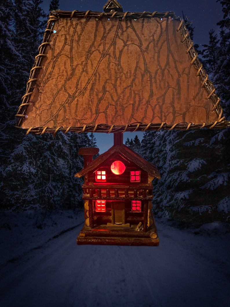 Resin Light-up Log Cabin Lamp With Tree-like Shade - Etsy