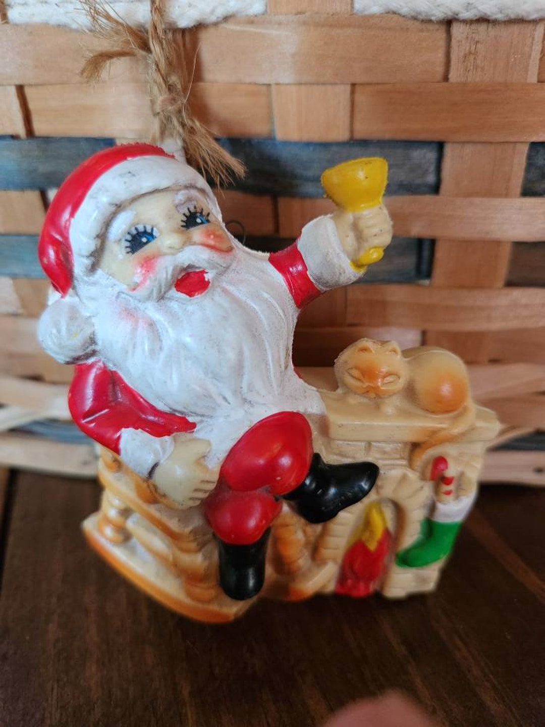 Vintage Plastic Rubber Santa Claus in Chair Fireplace Kitty Cat ...