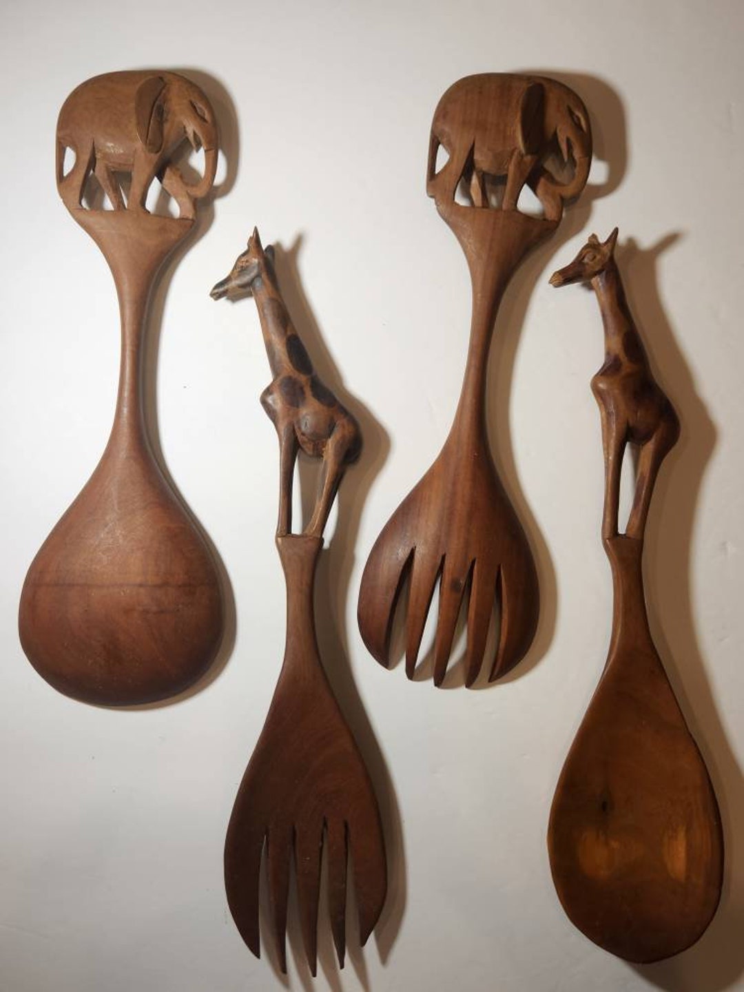 Mid-century African Kenyan Hand Carved Teak Wood Giraffe Elephant Salad ...