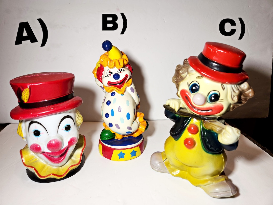 Vintage Hard Plastic Clown Piggy Banks All W/ Original Rubber Coin ...