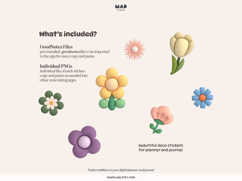 Flower Icon 3D Digital Planner Stickers: Puffy Goodnotes PNG (digital ...