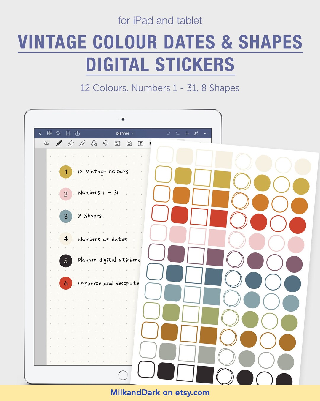 Numbers 1-31 Digital Stickers, Shape Stickers, 12 Vintage Colours, PNG ...