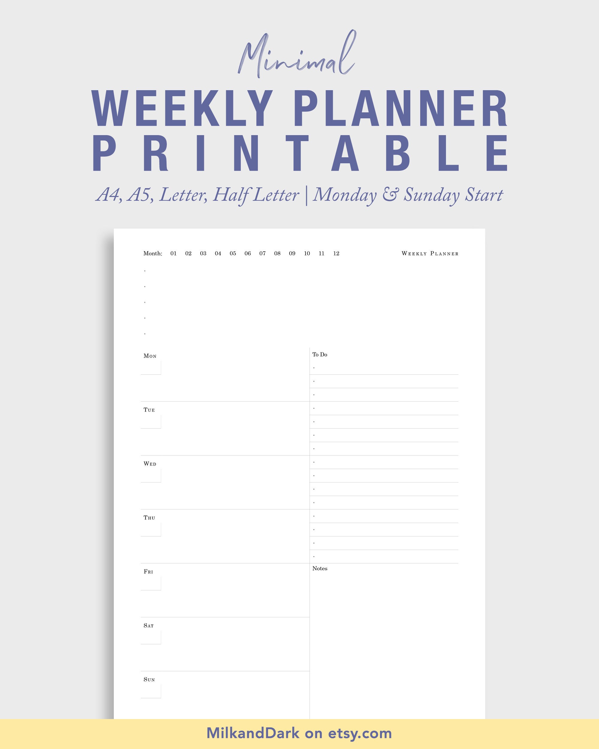 PDF A4 Digital Print Digital weekly planner Weekly Planner Weekly To-do ...