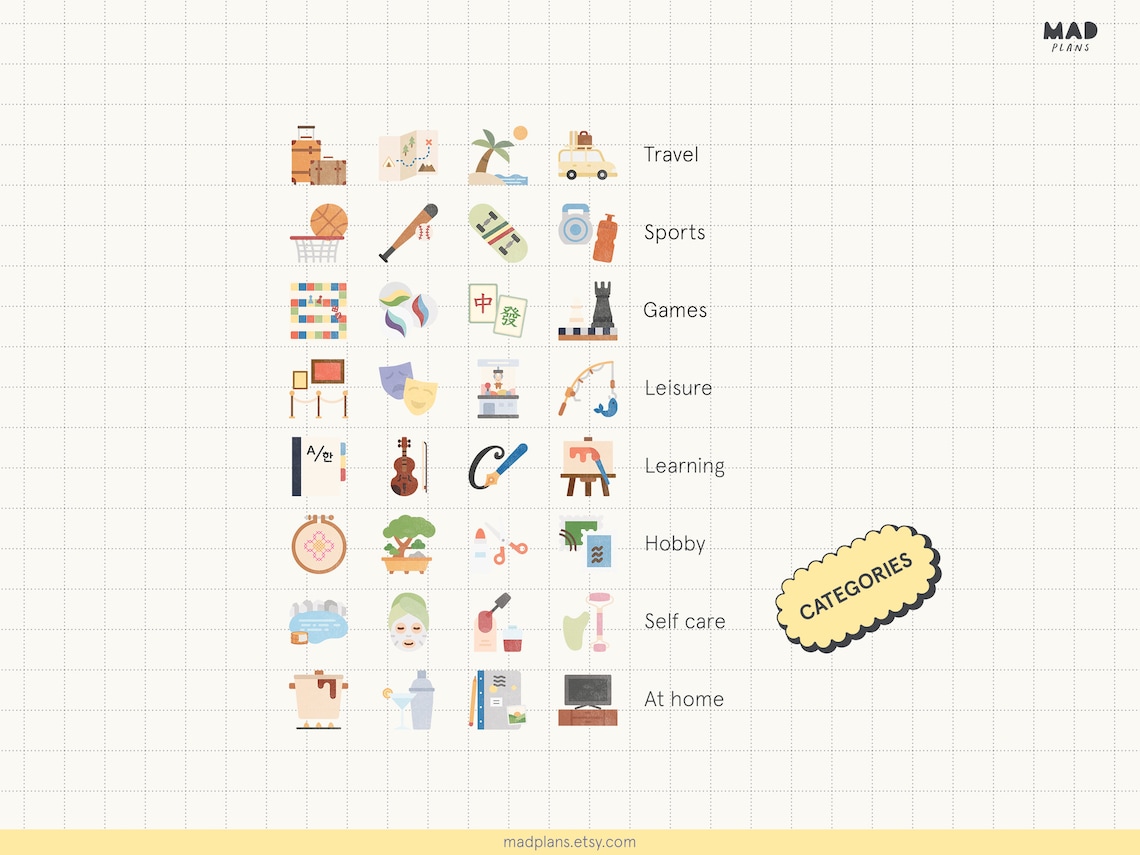 Activities Icons Digital Stickers for Planner, Hobbies and Leisure ...