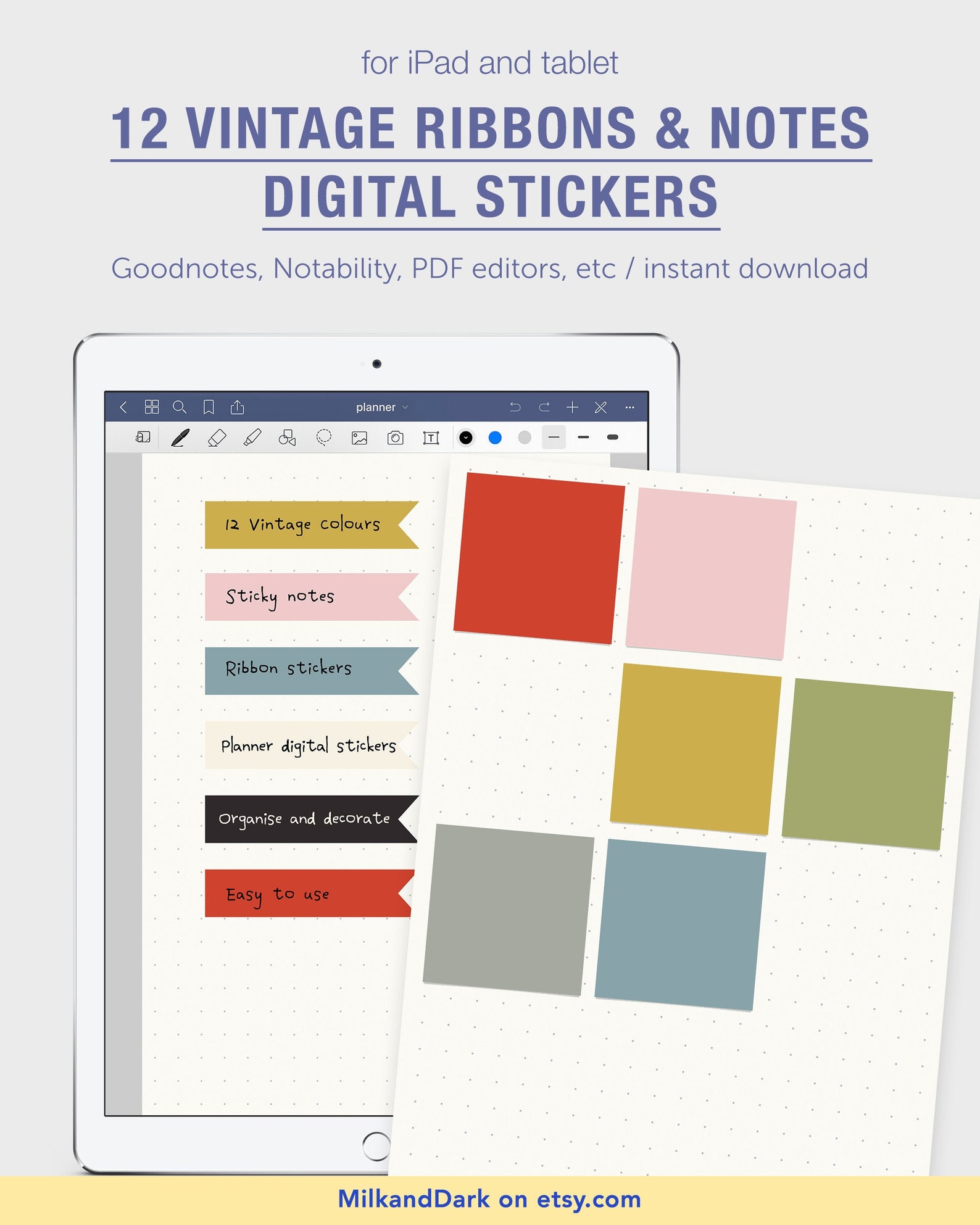 Digital Sticky Notes and Ribbons Planner Stickers 12 Vintage - Etsy