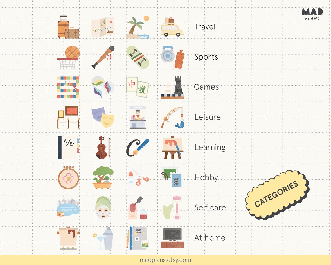 Activities Icons Digital Stickers for Planner Hobbies and - Etsy