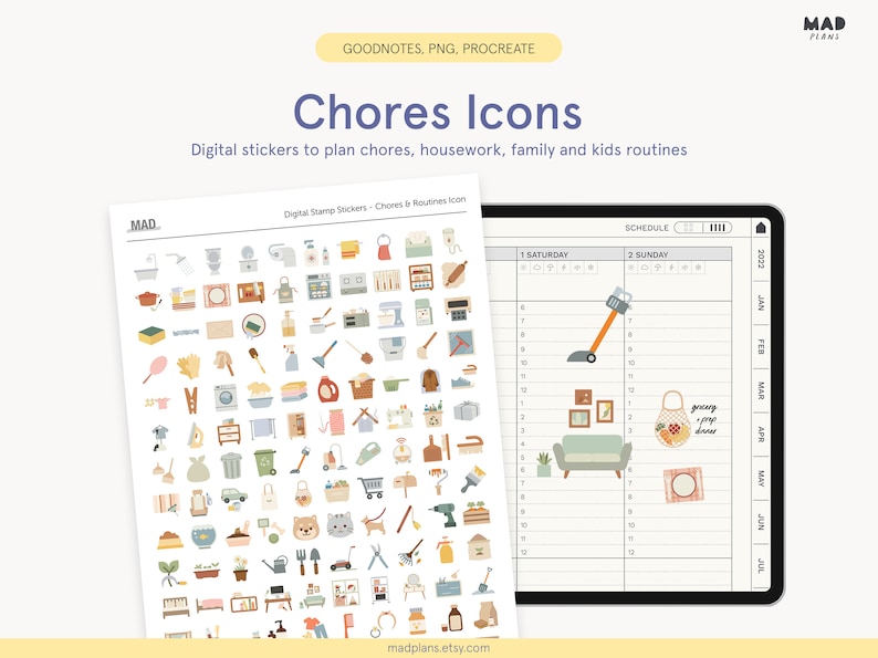 Chores & Routines Icon Digital Stickers: Goodnotes Planner (PNG) - Etsy