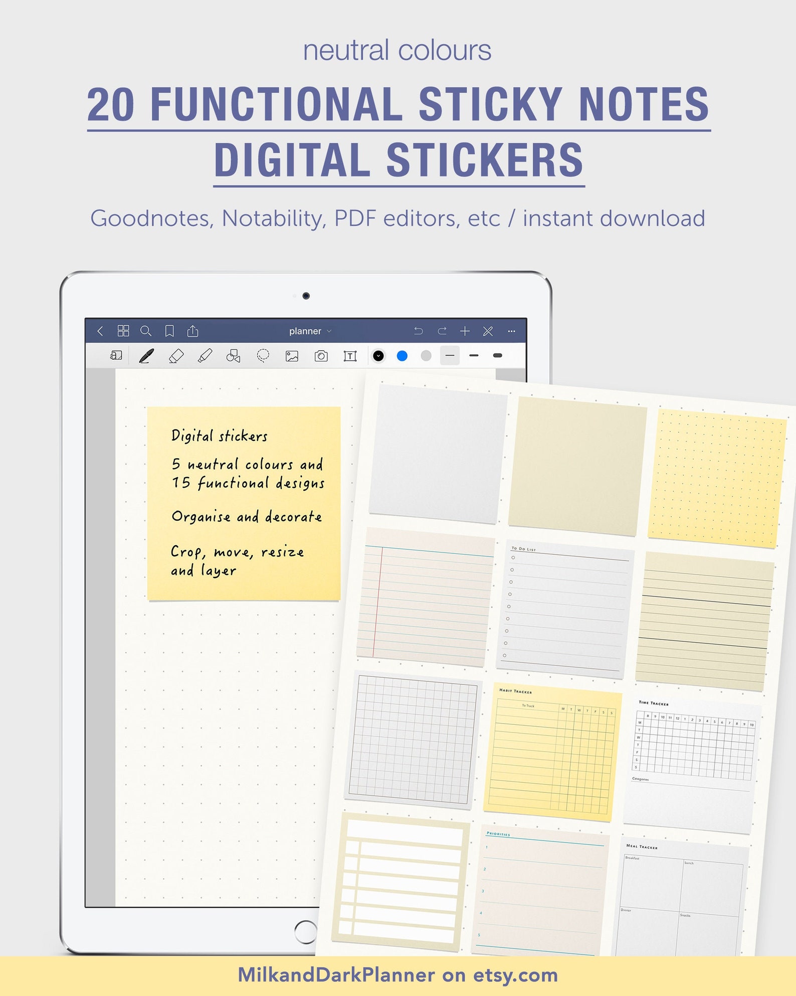 Digital Functional Sticky Notes, Organisation Planner Stickers, PNG ...