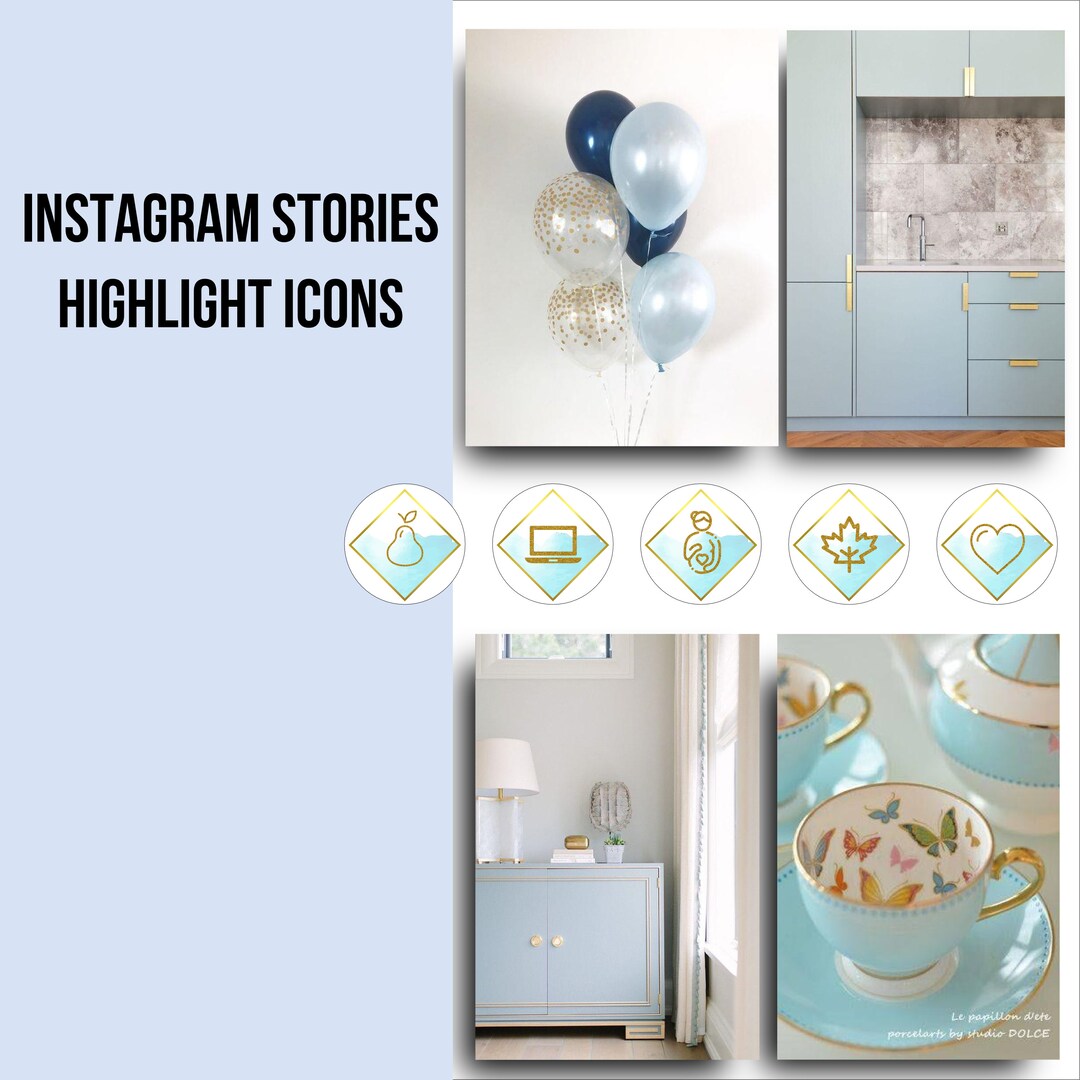 Instagram Stories Highlight Icons Light Blue Watercolor & Gold Diamond ...