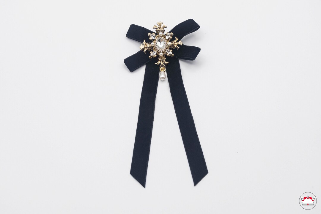 Gothic Style Long Black Velvet Ribbon Brooch Necktie, Bow Brooch, Long ...
