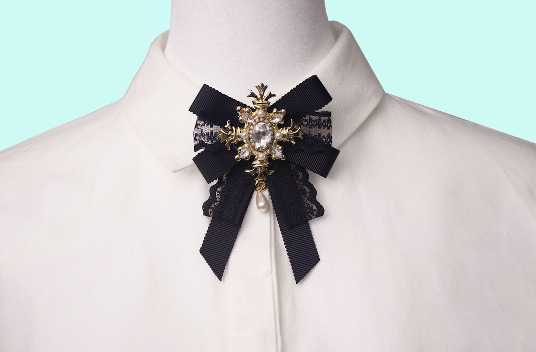 Gothic Style Black Lace Brooch, Black Necktie Brooch, Bow Brooch, Long ...