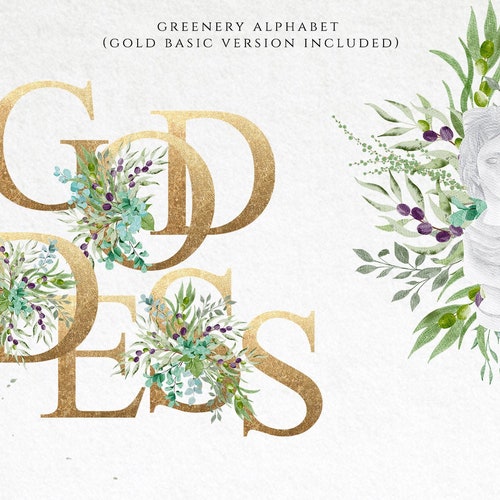Watercolor Tropical Clipart Gold Greenery Letters Alphabet - Etsy