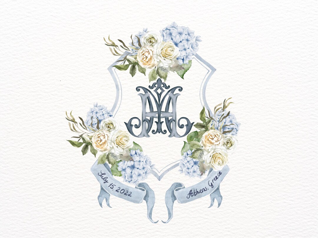 Blue and White Floral Wedding Crest Png, Wedding Watercolor Crest Png ...