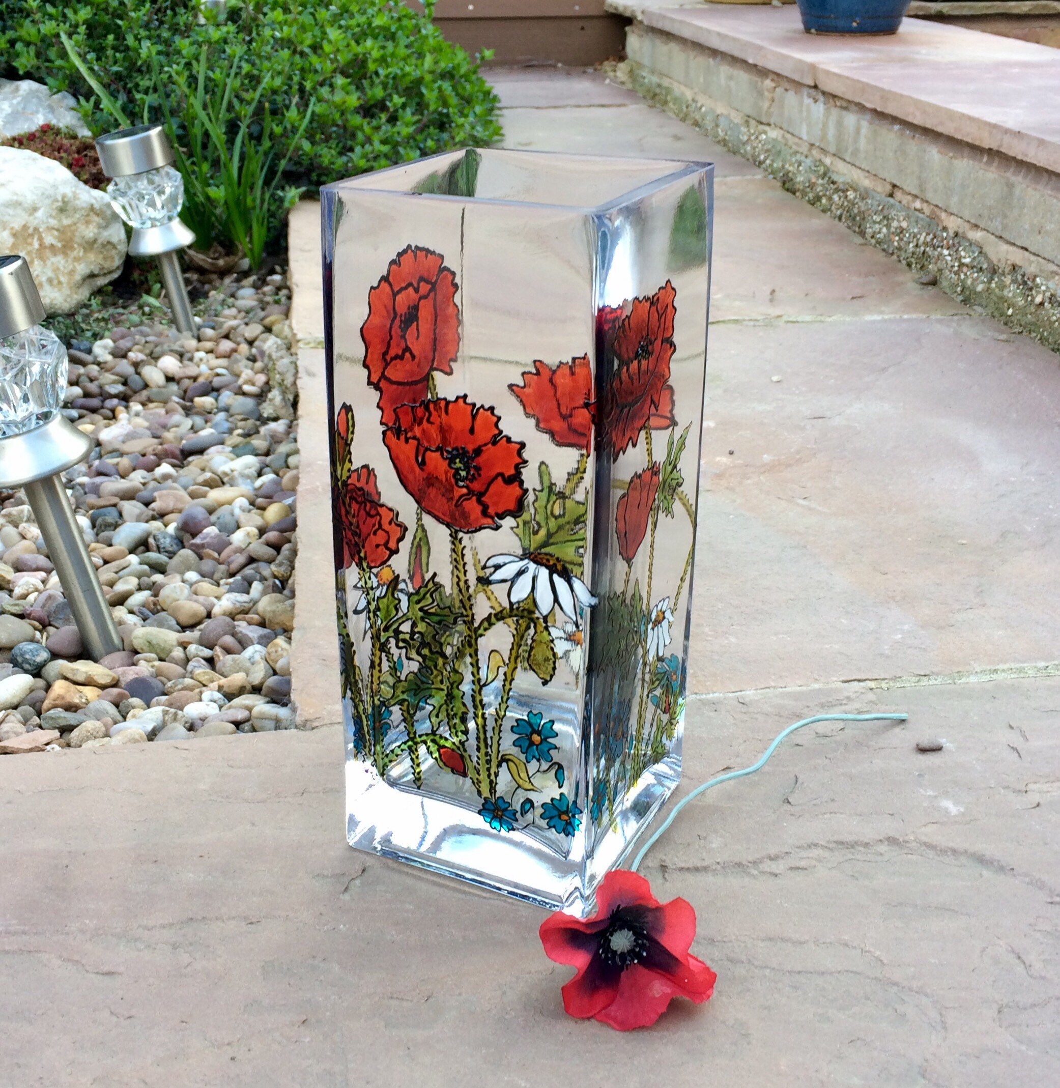 Red poppy vase hand painted vase poppy vase floral glass | Etsy