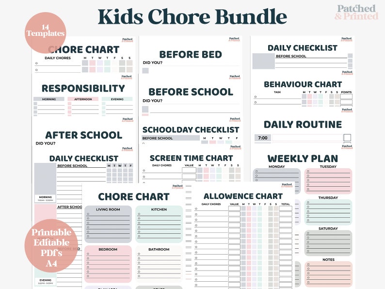 Kids Chore Charts, Editable and Printable, Reward, Allowance, Screen ...